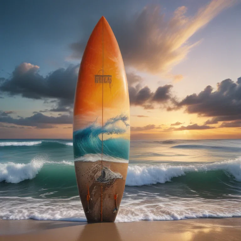 Sunset Serenity: A Vibrant Surfboard Stands Against a Calm Ocean Horizon
