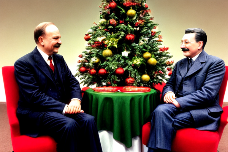 Lenin sitting with two Christmas Elfs. One Elf is Trotsky and the other ...