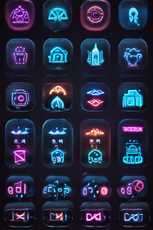 Colorful Neon Icons Representing Various Themes and Concepts in Technology