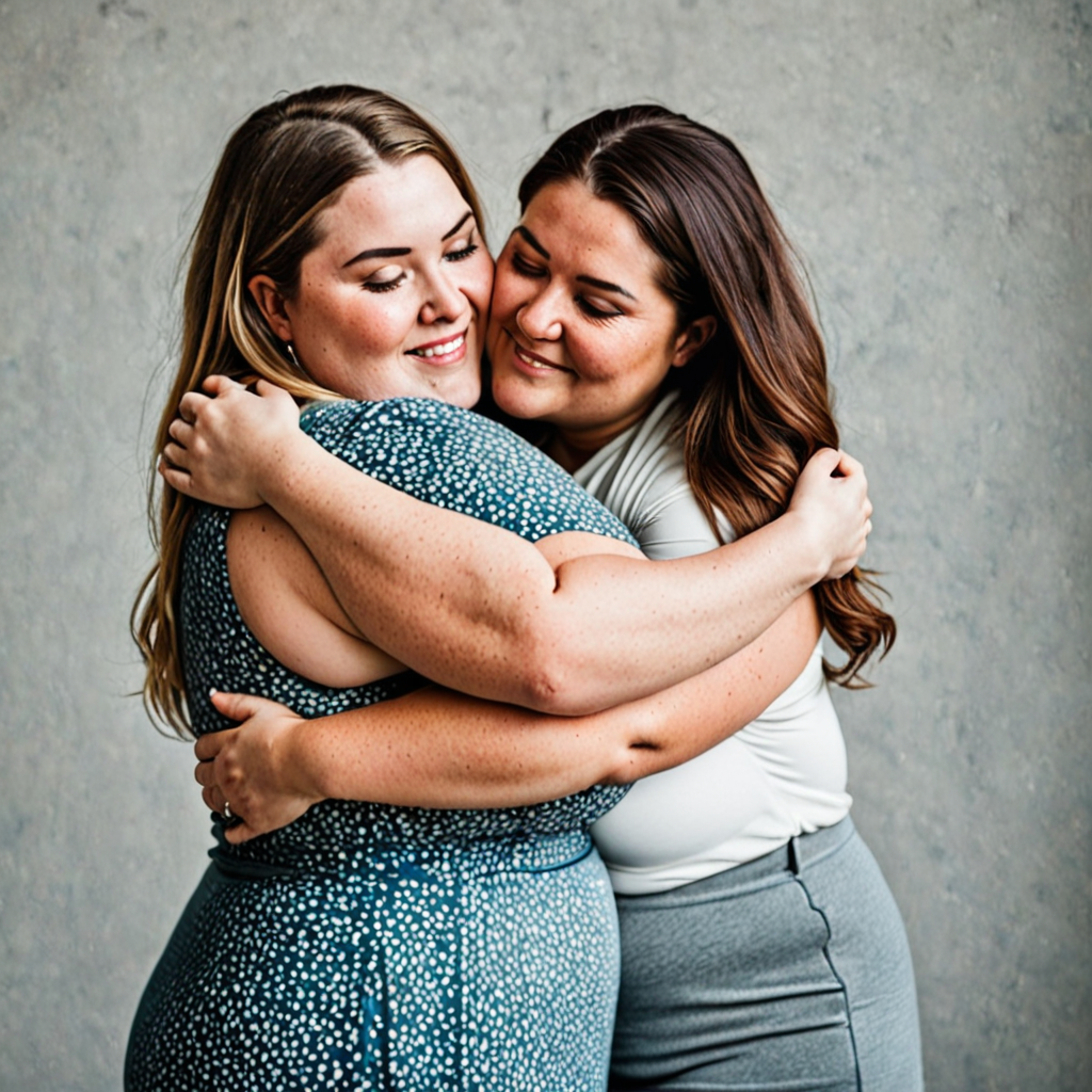 Short fat girl hugging a tall woman