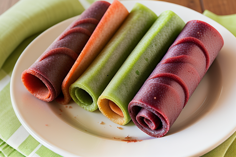 Colorful Fruit Rolls Displayed on a White Plate Surrounded by Greenery.