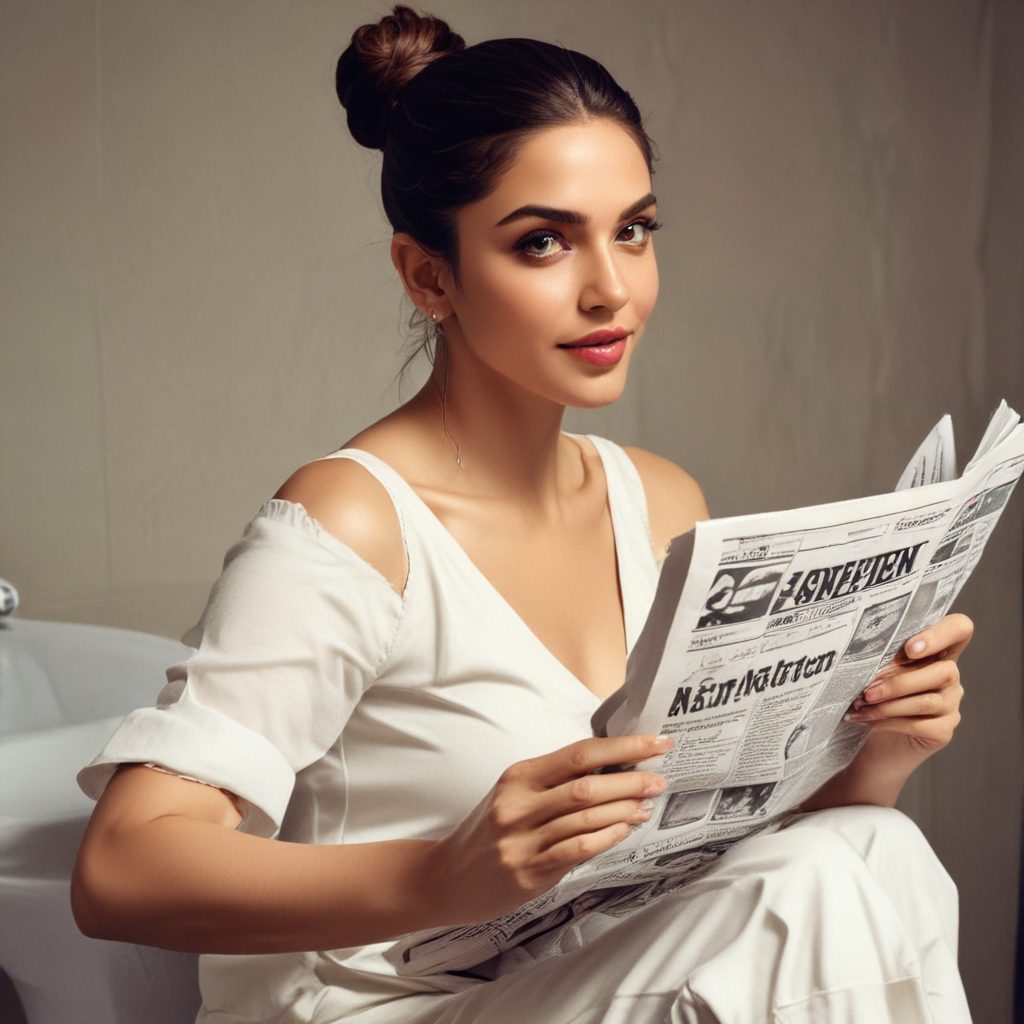 Deepika Padukone in bun hairstyle sitting on toilet reading newspaper