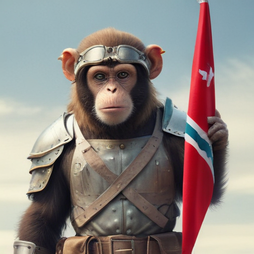 A monkey in battle armor holding a long flag that has the letters H and ...