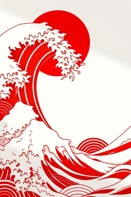 Vibrant Red Sun and Waves: A Captivating Japanese Art Design
