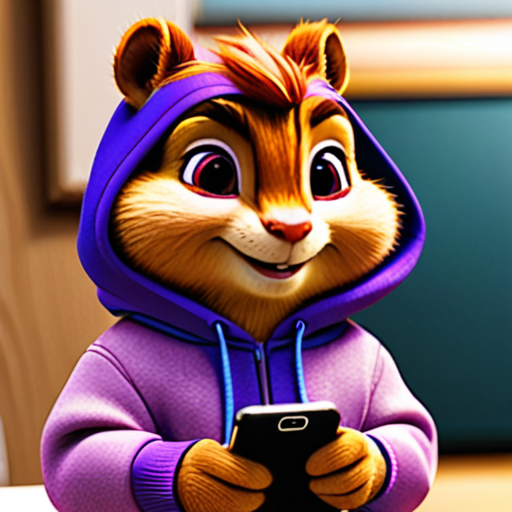 alvin seville the chipmunk in purple hoodie with a iphone