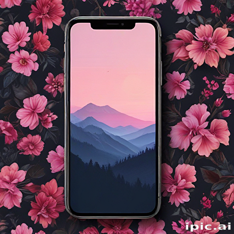 Serene Mountain Landscape on a Phone Surrounded by Vibrant Floral ...