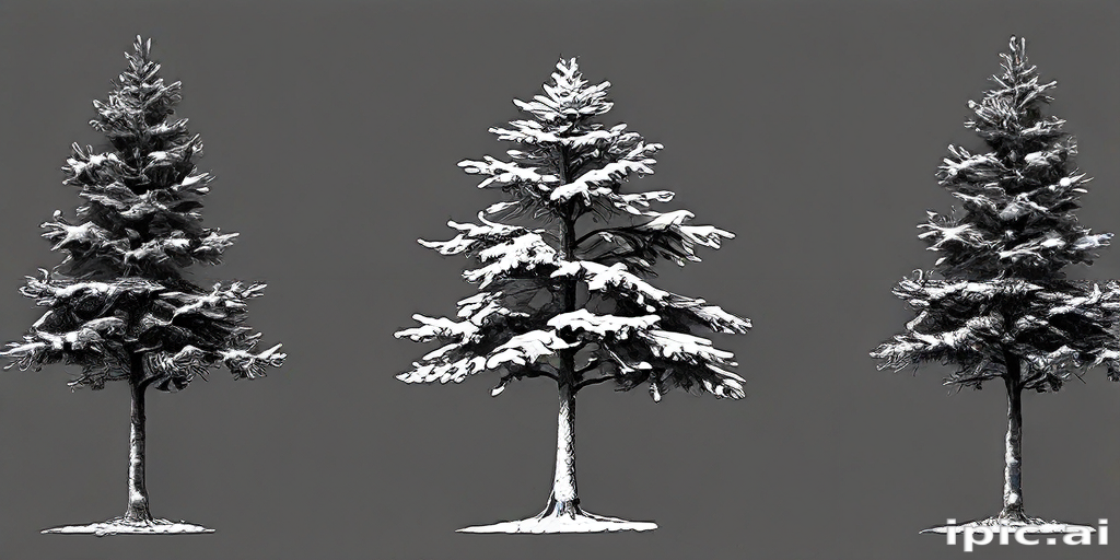 Three Stylized Snow-Covered Trees Against a Dark Gray Background