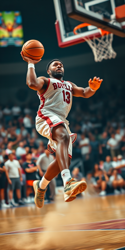 Dynamic Basketball Player Soaring Through the Air for a Remarkable Dunk