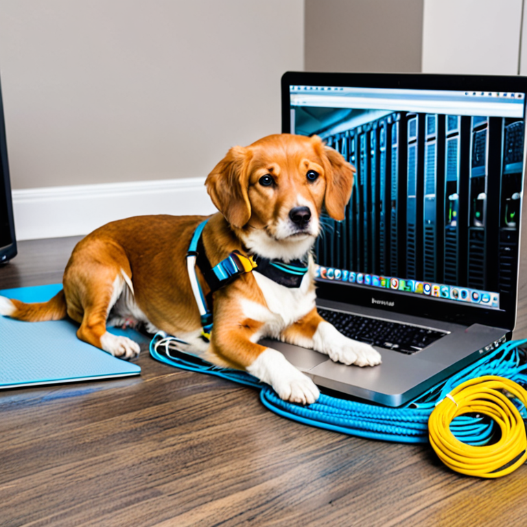 datacenter, hovawart tie dog, macbook pro, servers and cables