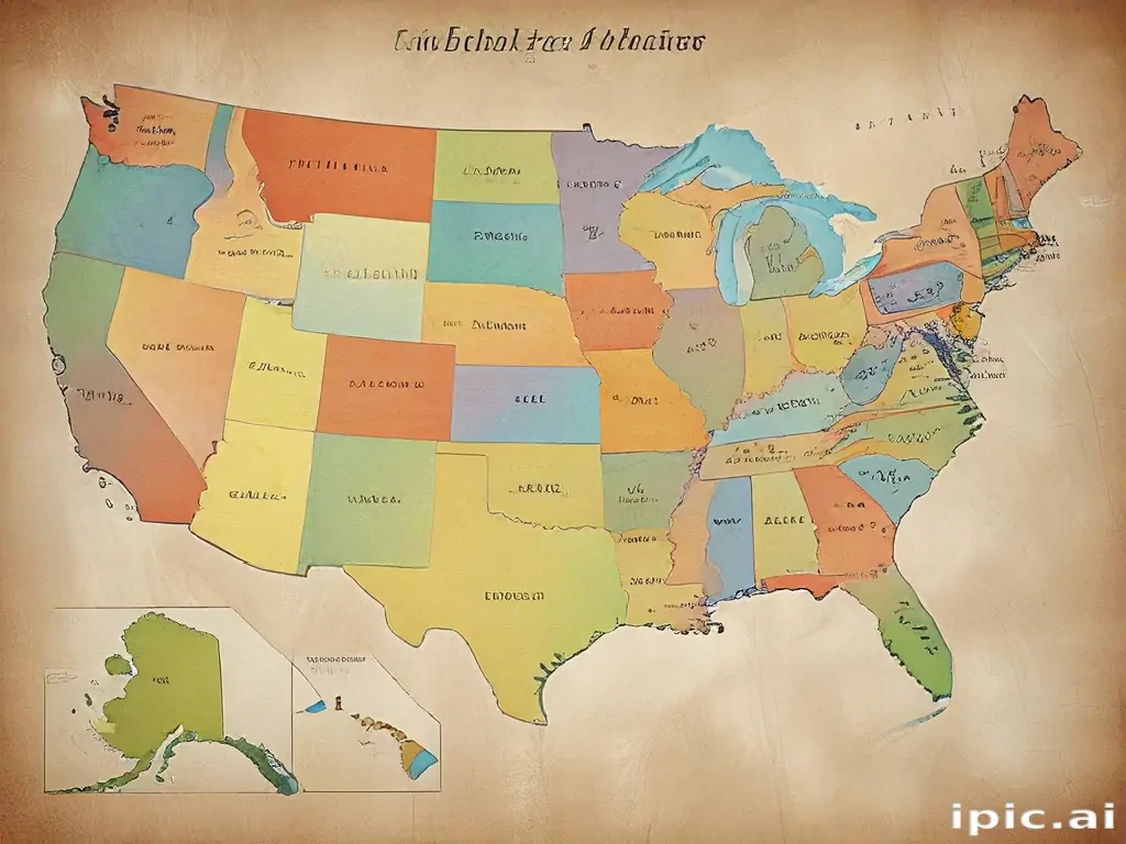 Colorful Map of the United States Highlighting State Names and Borders