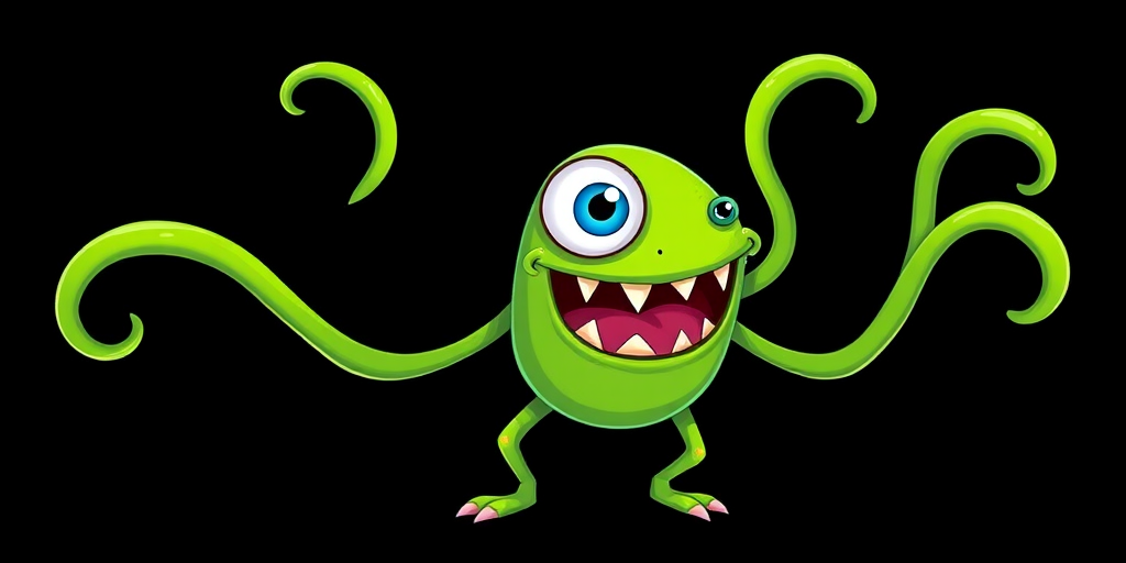 Create an illustration of a bright green cartoon monster with five long ...