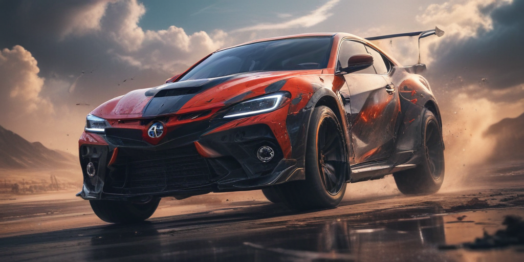 High-Performance Racing Car in a Dramatic Desert Landscape at Sunset