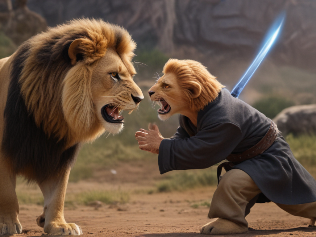 anakin and obiwan fighting on mufasa (the lion king character)