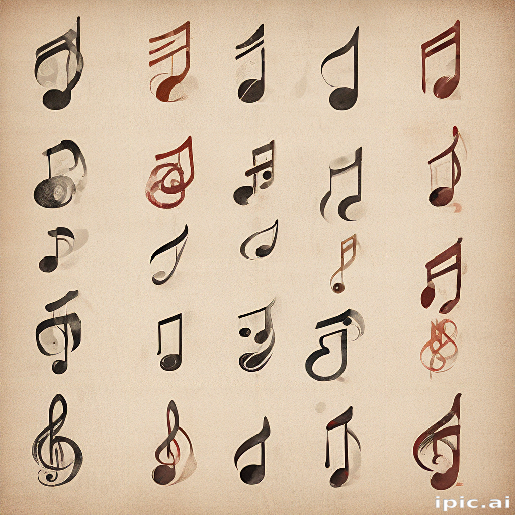 Artistic Representation of Various Musical Notes and Symbols on Vintage ...