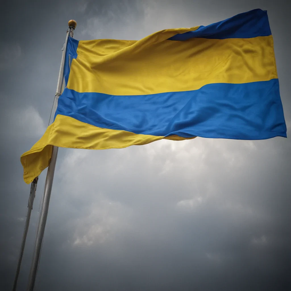 Waving Flag with Blue and Yellow Stripes Against a Cloudy Sky