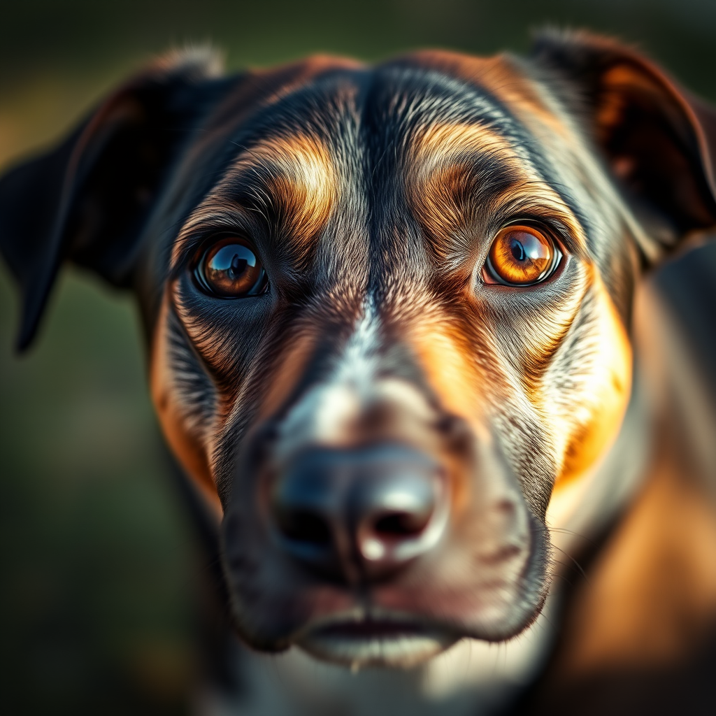 close-up portrait of a dog with intense eyes, soft focus background ...