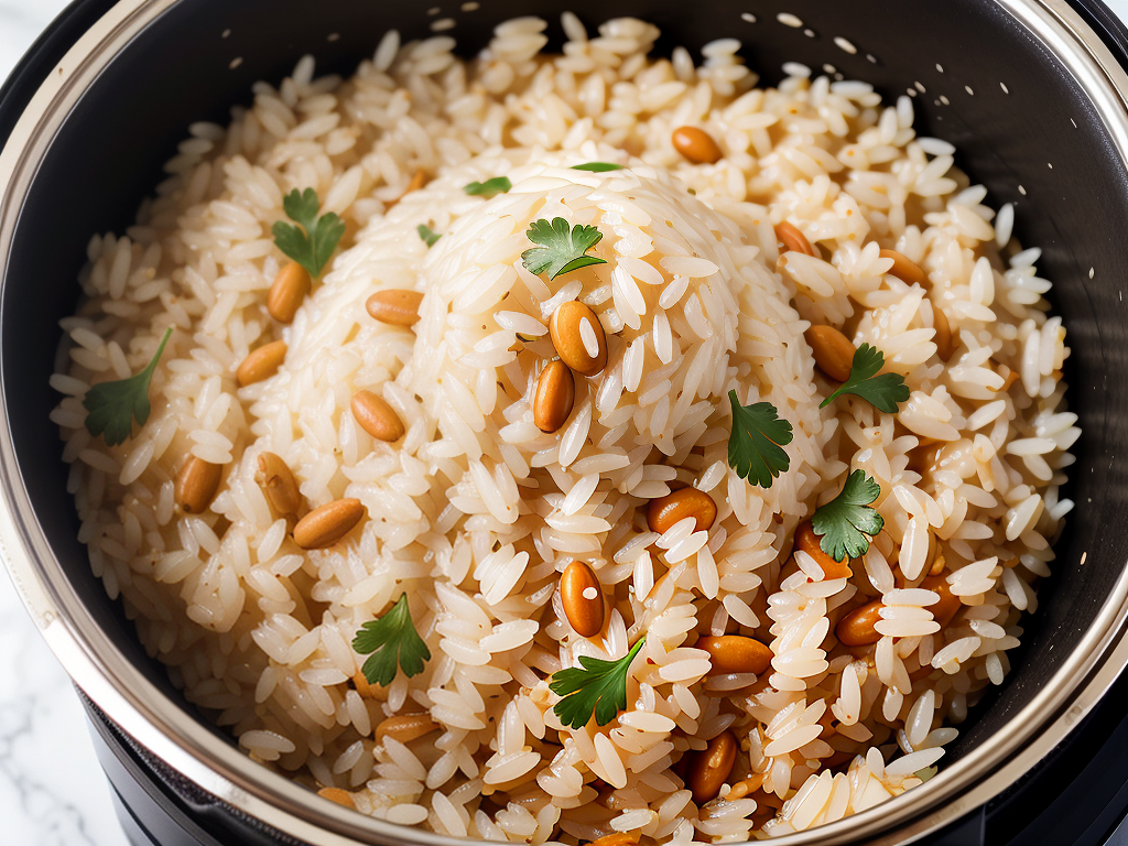 A Delicious Bowl of Fluffy Rice Garnished with Pine Nuts and Herbs