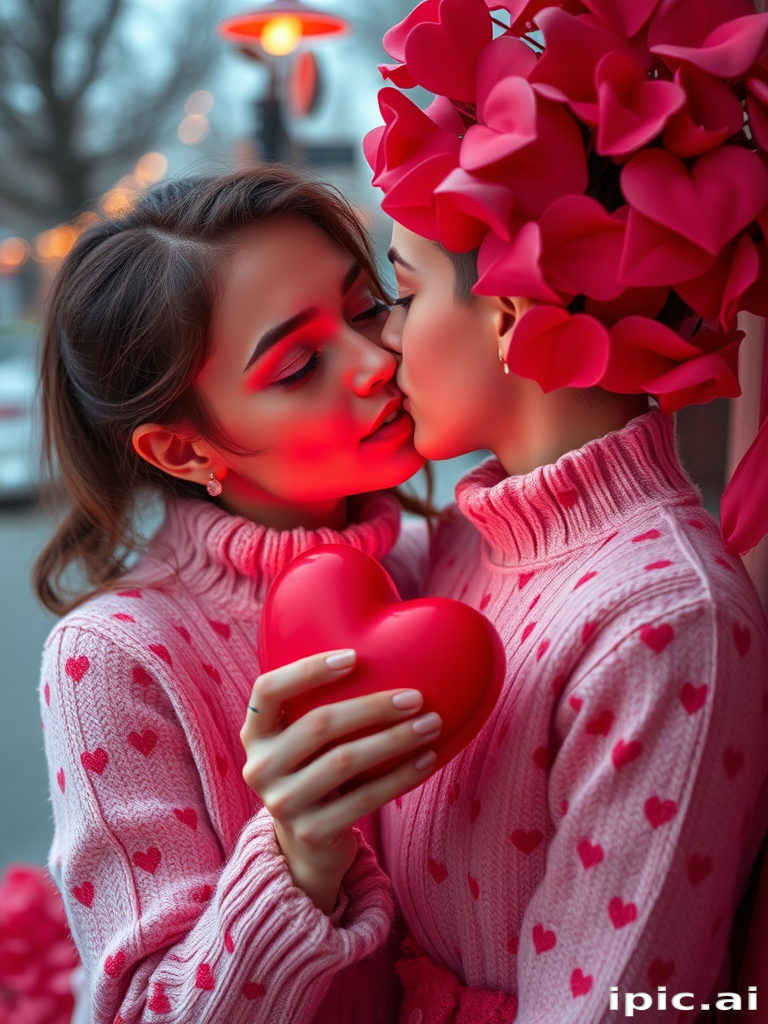 Two Women in Pink Sweaters Sharing a Romantic Moment with Heart Props