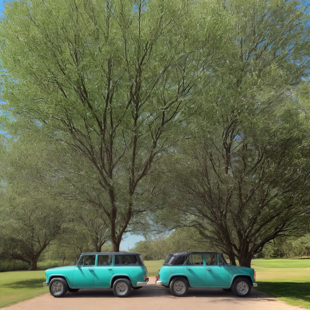 Green cats standing near cars