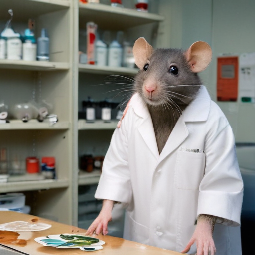 rat in a lab coat in front of a lab bench with biology samples