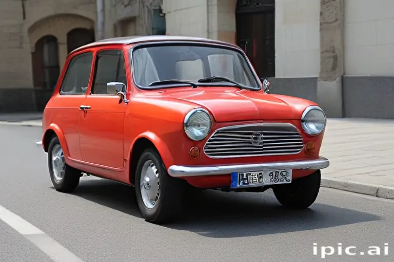 Classic Compact Car in Vibrant Orange Color Driving on City Street