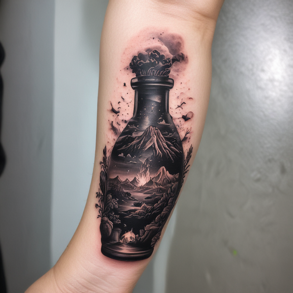 Large Volcano in a bottle forearm tattoo all black
