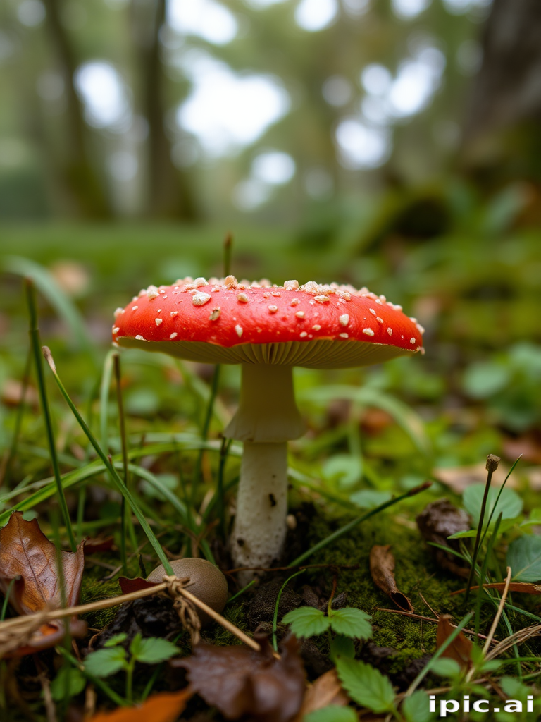 A Vibrant Red Mushroom with White Spots Surrounded by Lush Greenery.