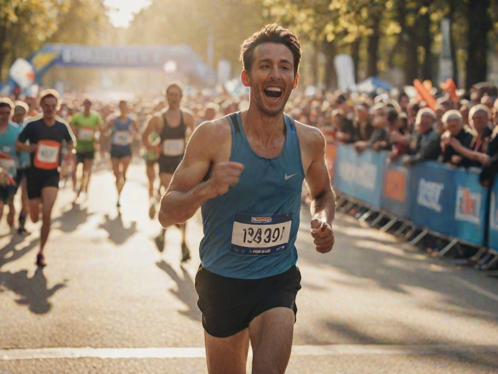 Joyful Runner Crossing the Finish Line in a Vibrant Race Celebration