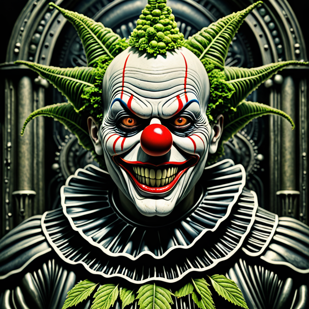 a clown, high on weed, H.R. Giger style, high res