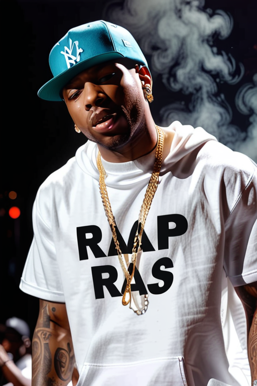 Stylish Rapper Posing Confidently in Streetwear with Bold Graphics