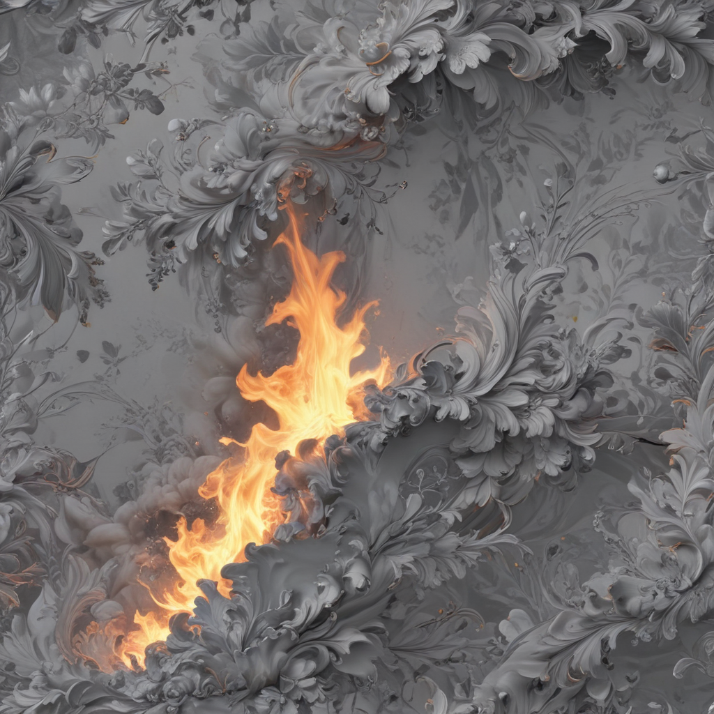 Intricate Gray Floral Design Frame Encasing a Vibrant Flame Element