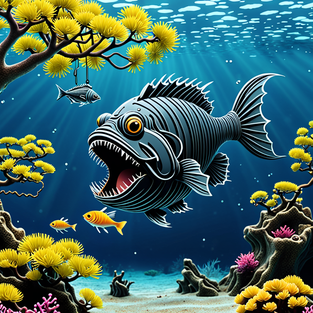 Cartoon angler fish eating a bonsai tree in the depths of the sea