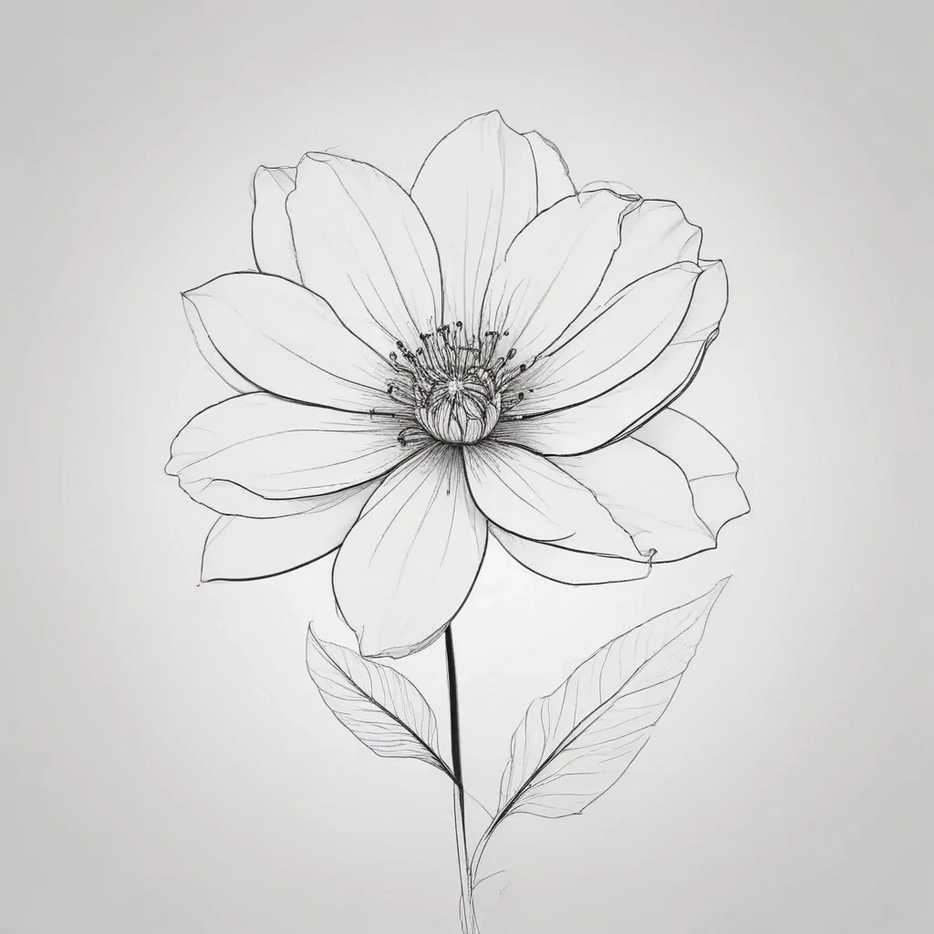 Delicate Line Art Illustration of a Beautiful Blooming Flower with Leaves