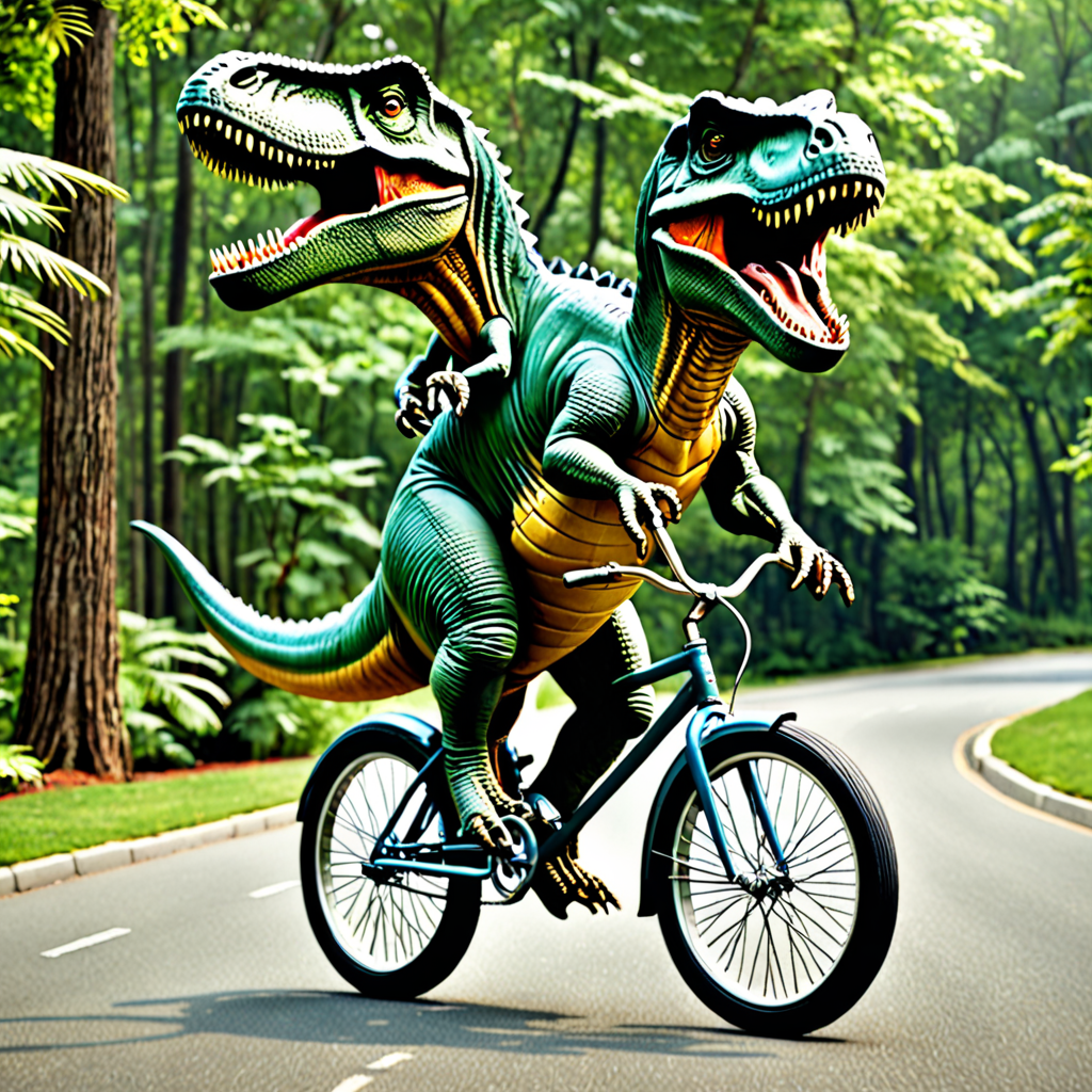 Hyper realistic photo dinosaur riding a bike with jesus