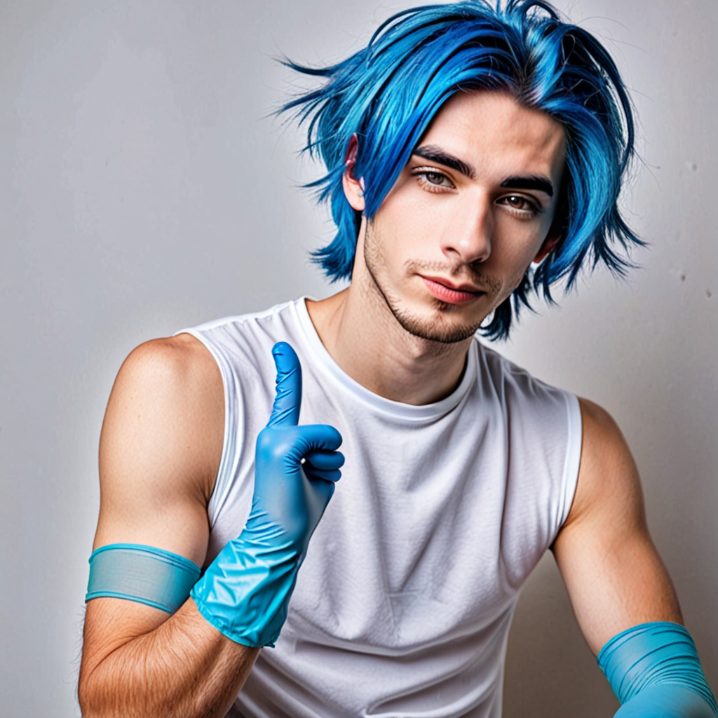 Handsome and slim emo guy with d blue hair and nitrile gloves
