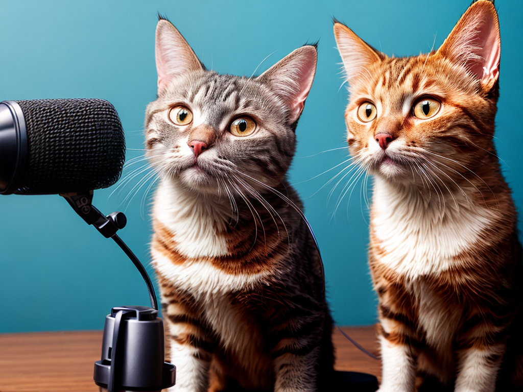 Cat singing into microphone, recording studio bachground