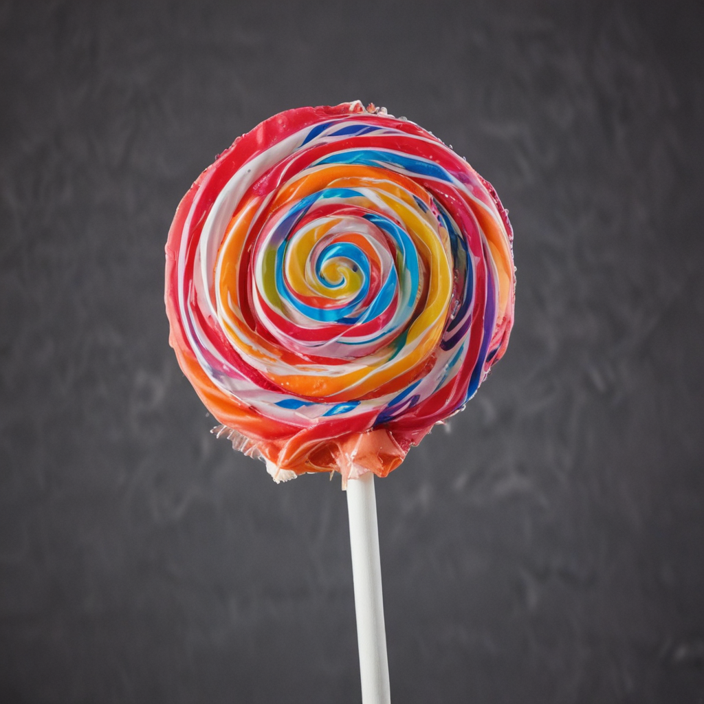 A Colorful Swirled Lollipop with Vibrant Patterns on a Stick.