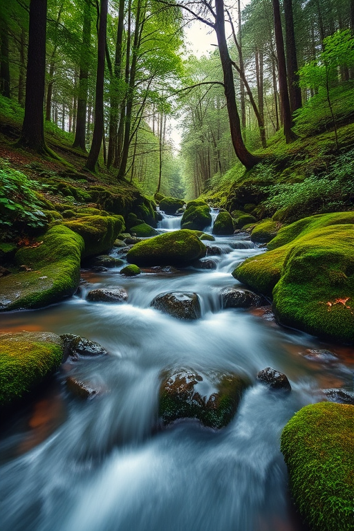 A serene forest scene featuring a flowing stream surrounded by lush ...