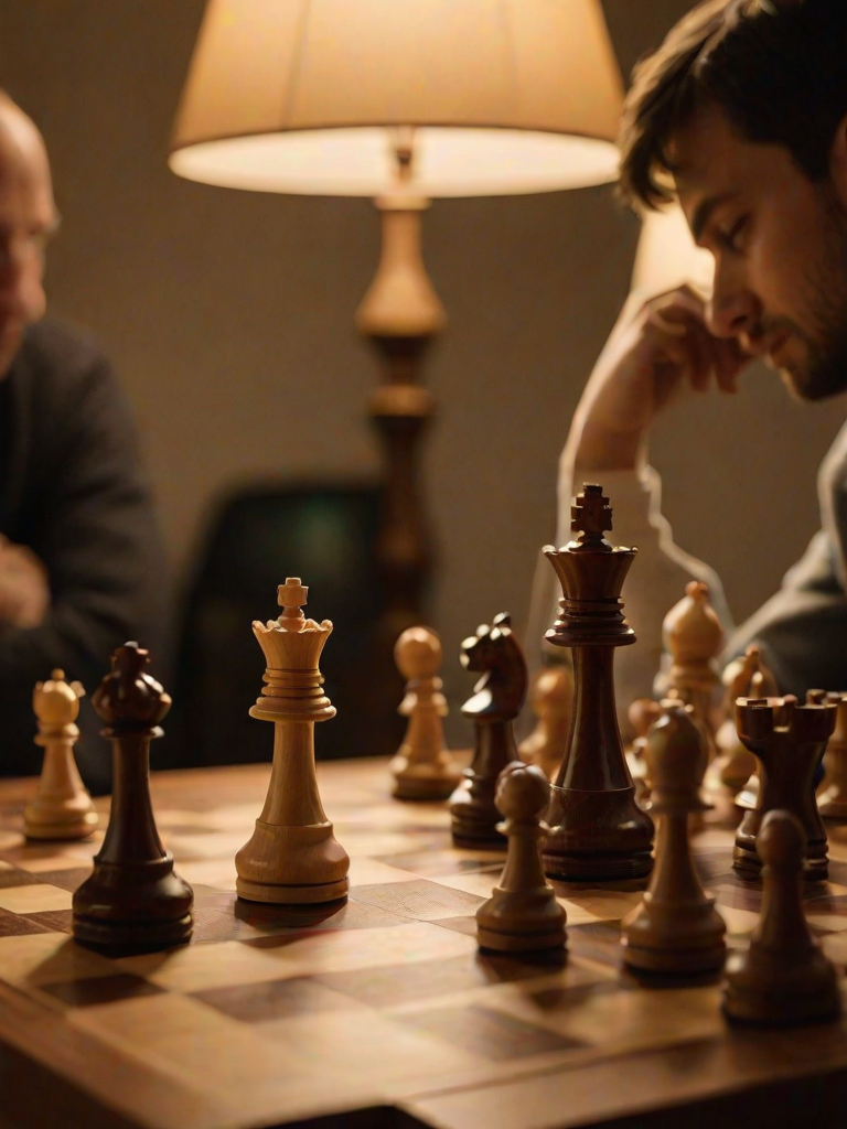 Intense Chess Match Under Soft Lighting: Strategy and Focus in Action