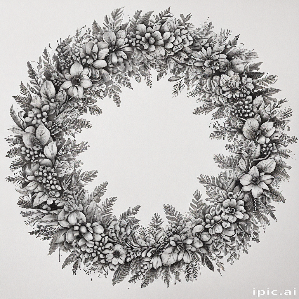 Intricate Black and White Floral Wreath Design with Various Botanical ...