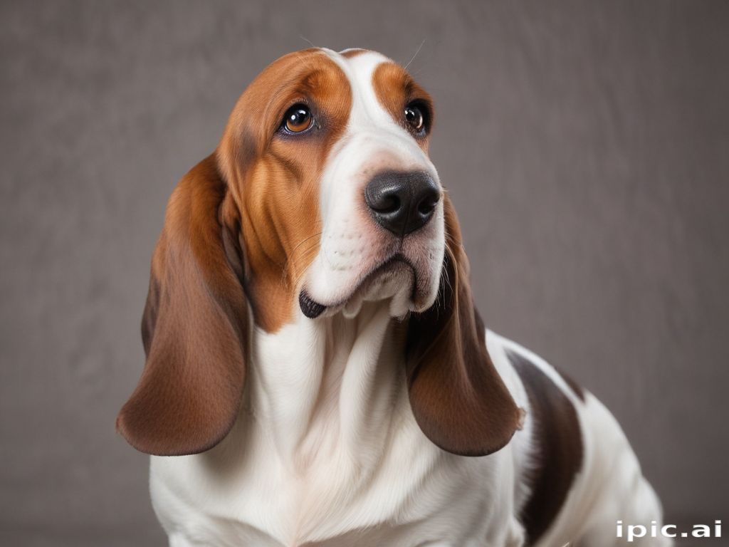A Beautiful Basset Hound Posing Elegantly Against a Soft Gray Background.