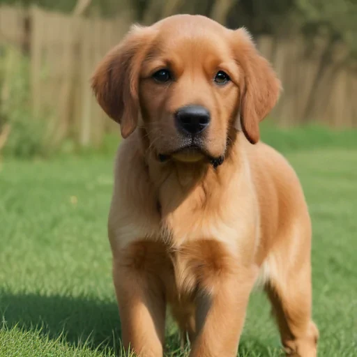 Adorable Golden Retriever Puppy Standing Playfully on Lush Green Grass.
