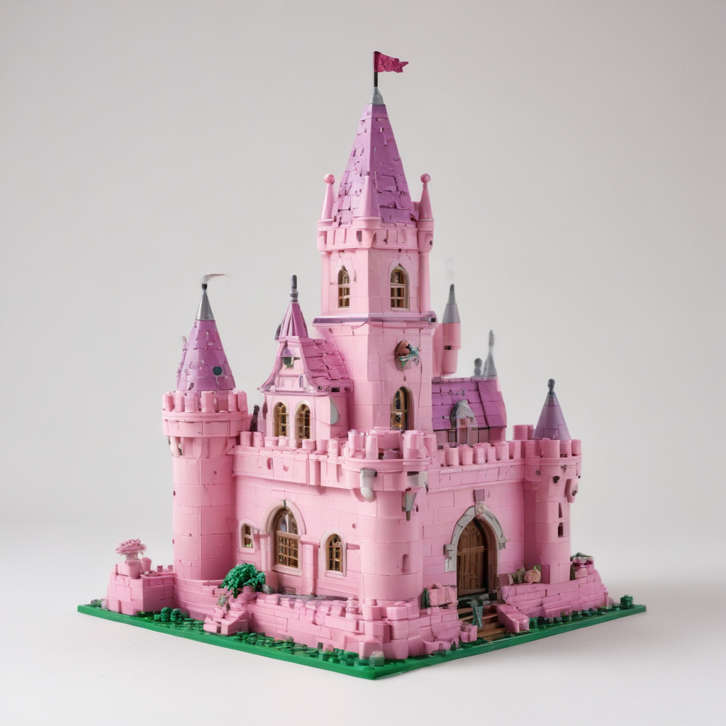 slightly damaged pink lego castle on bright white background