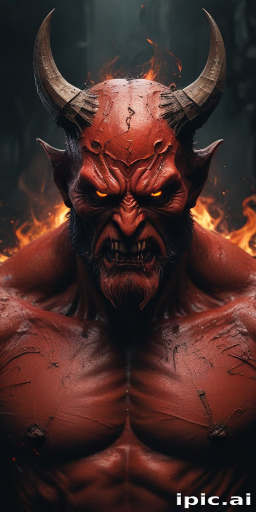 Fierce Demon with Horns Surrounded by Fiery Flames and Intense Glare