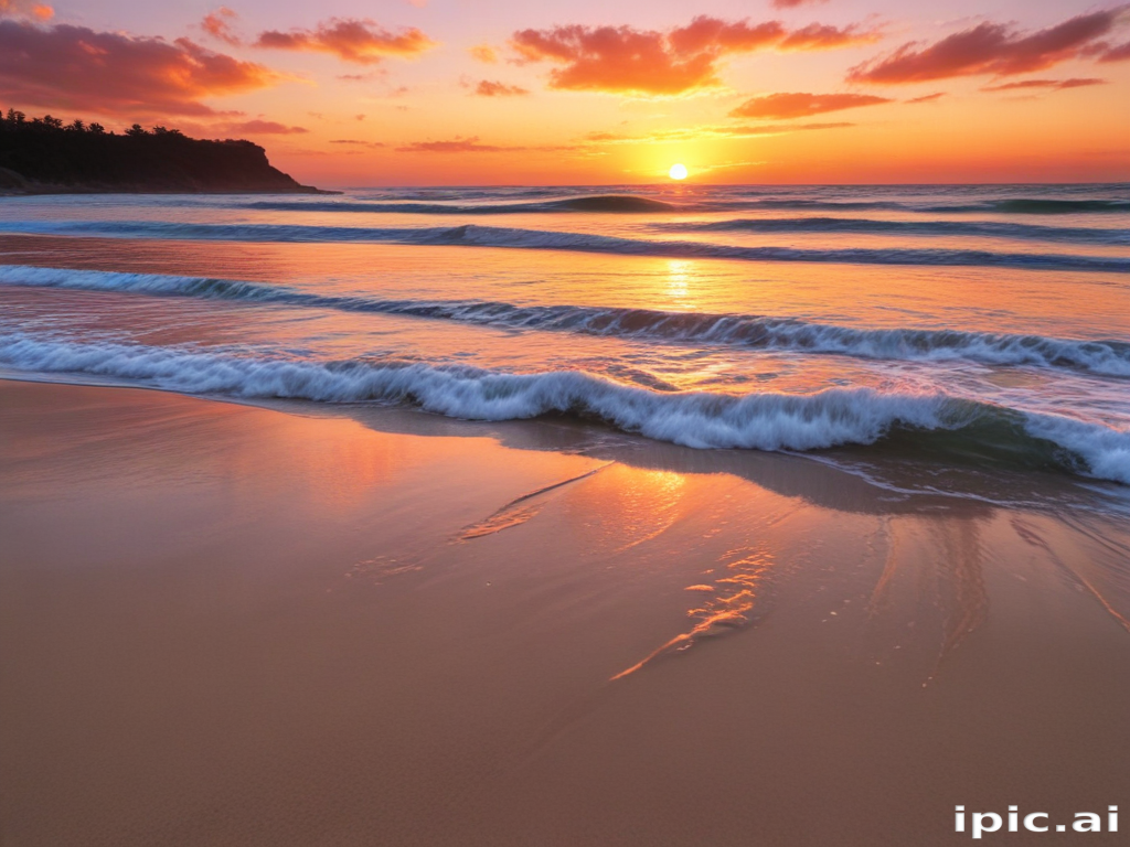 Stunning Sunset Over Tranquil Ocean Waves Reflecting Golden Light on Shore