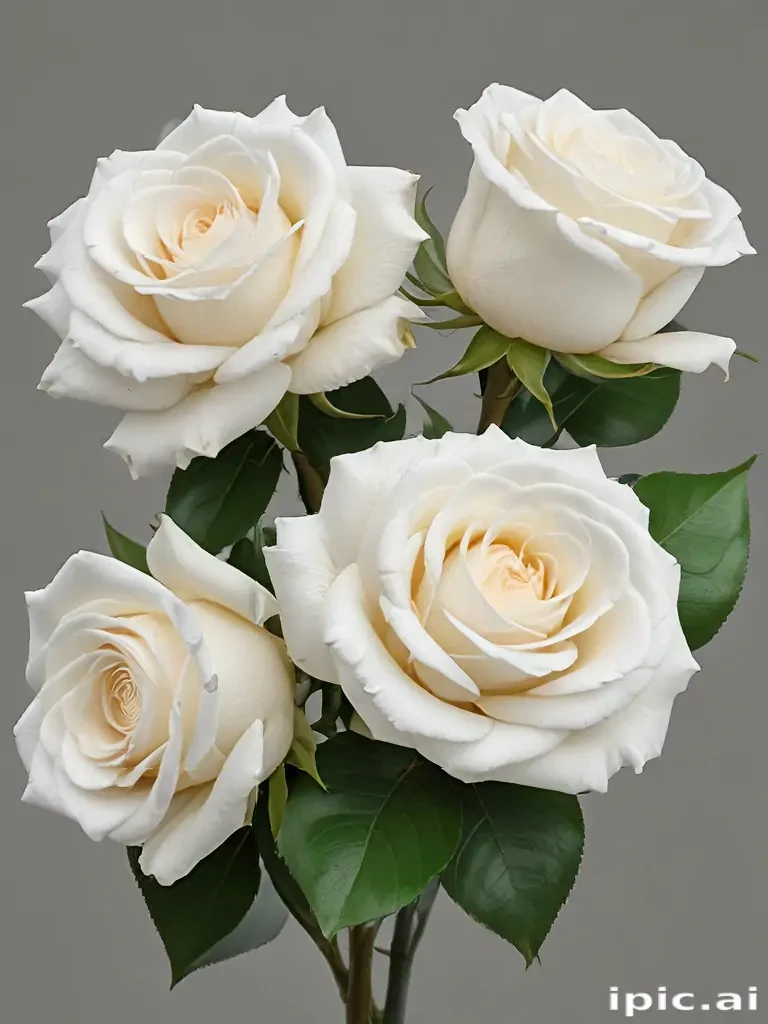 Beautiful Arrangement of Four Elegant White Roses with Lush Green Leaves