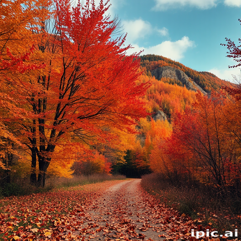 Vibrant Autumn Landscape with Fiery Red Trees and Scenic Pathway