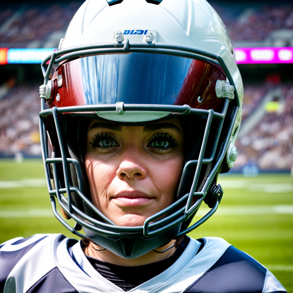 a woman in a football helmet staring at me
