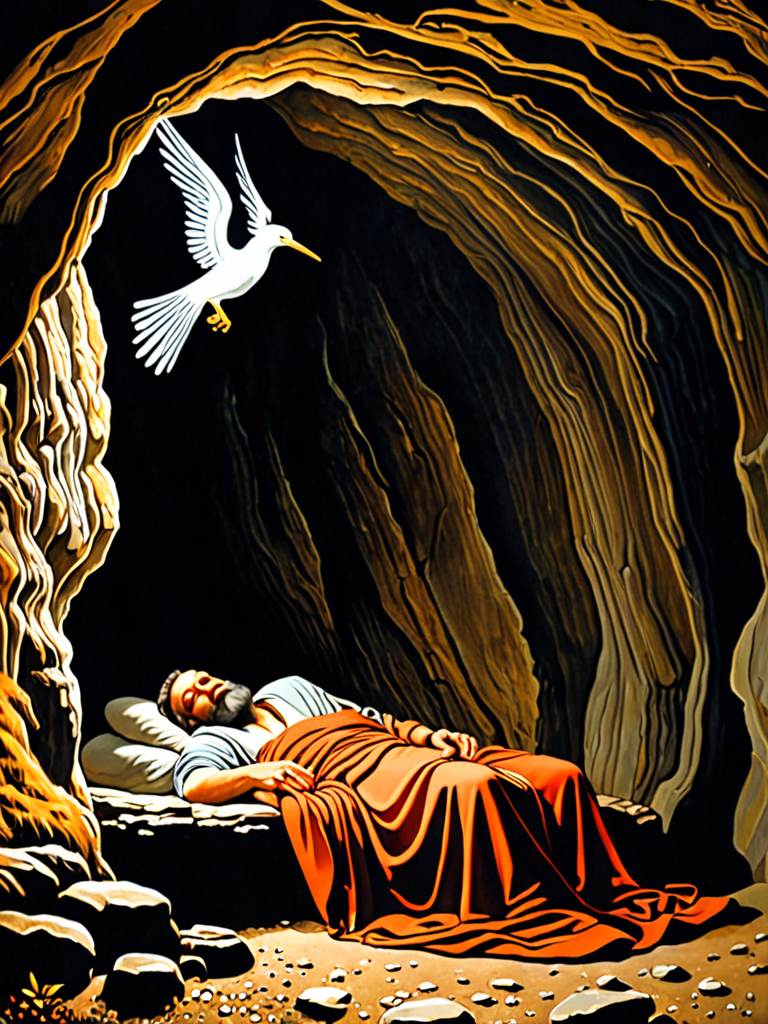 prophet Elijah sleeping in a cave being watched by an angel