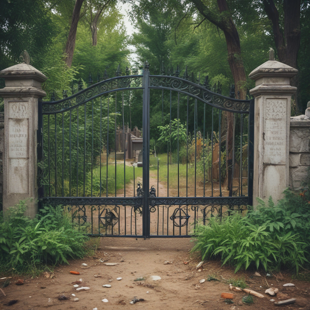 cemetary gates zombie infestation with weed plants everywhere